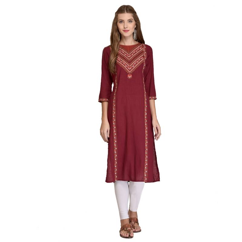 Maroon embroidered cotton kurti - Rangmayee - 2836335