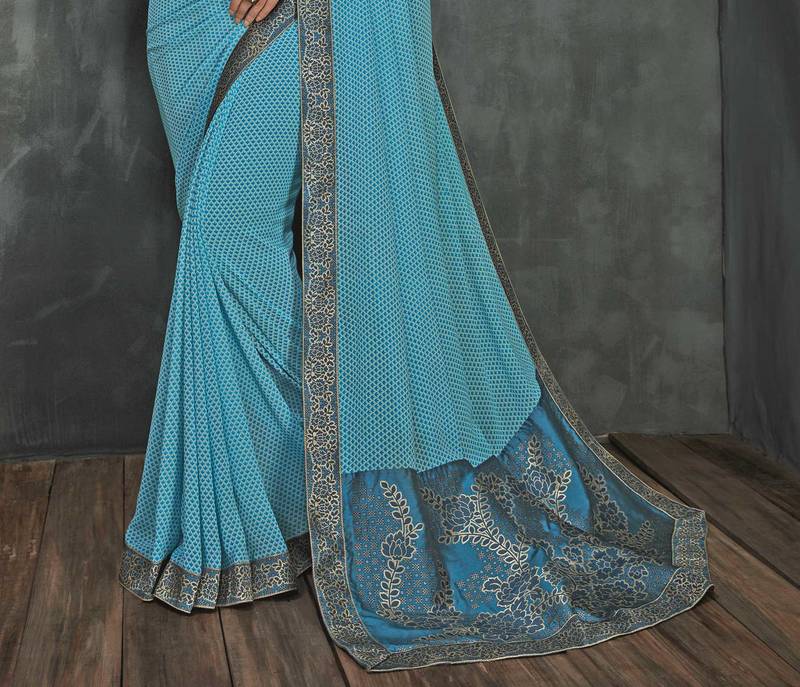 Sky blue embroidered georgette saree with blouse - Brijraj - 2839777