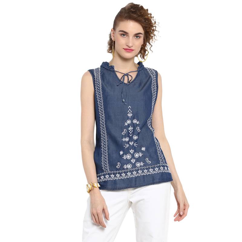 Indigo embroidered denim cotton top - BKind - 2839936