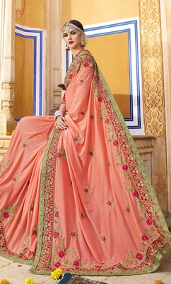 Peach Embroidered Silk Blend Saree With Blouse - Lilots - 2840134