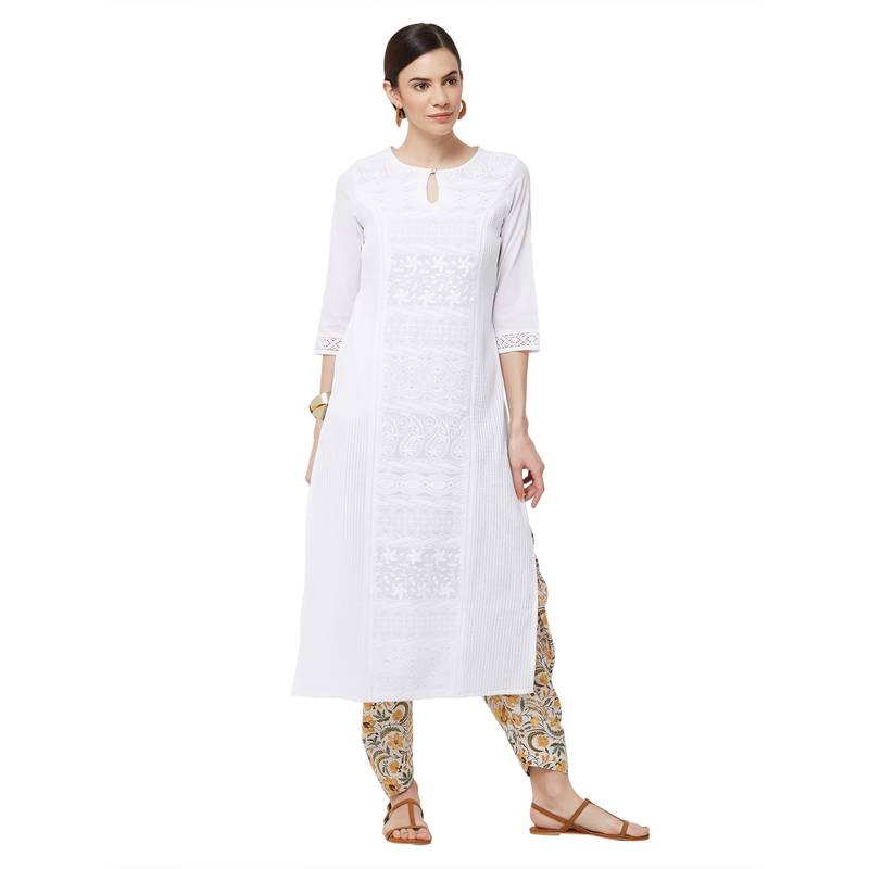 White embroidered cotton kurti - Naari - 2841892