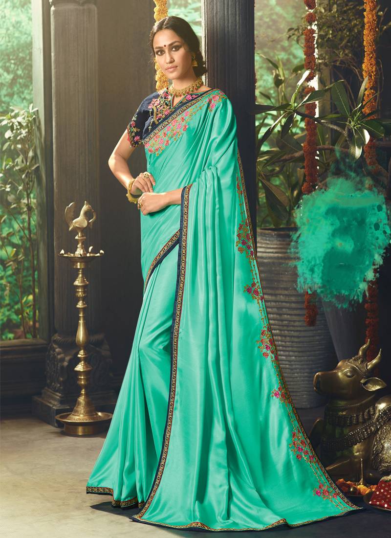 Cyan embroidered satin saree with blouse - Monjolika - 2843246