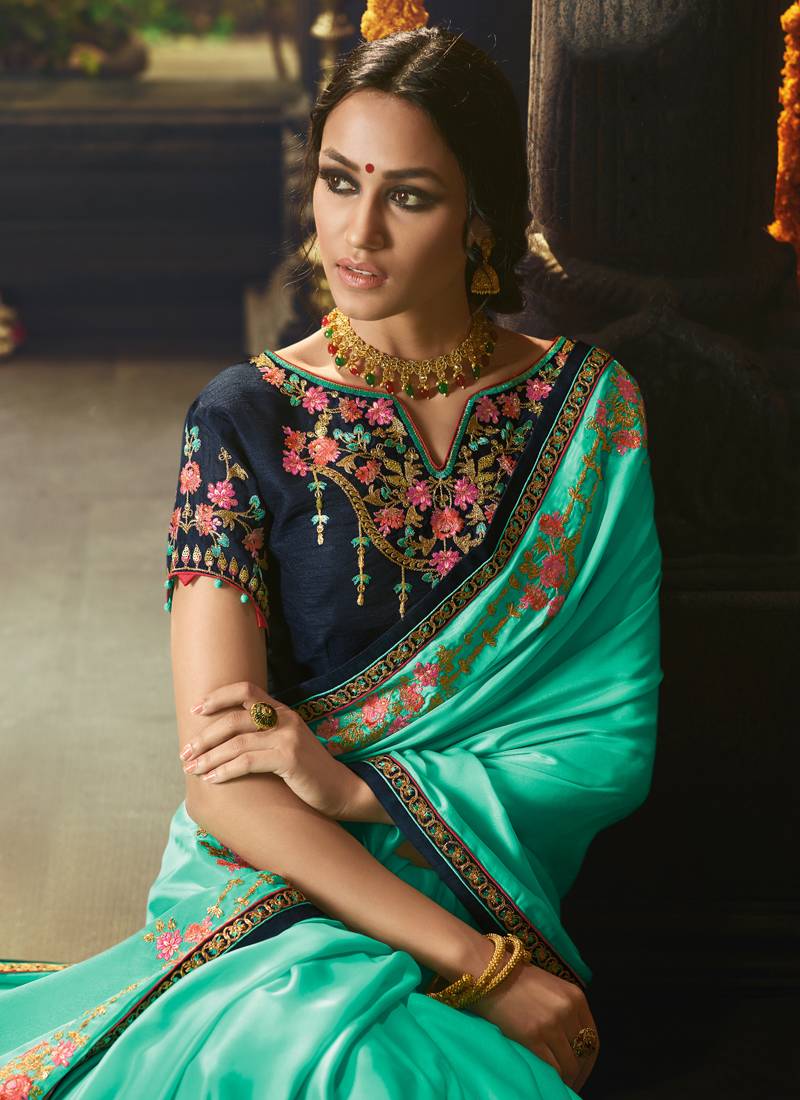 Cyan embroidered satin saree with blouse - Monjolika - 2843246