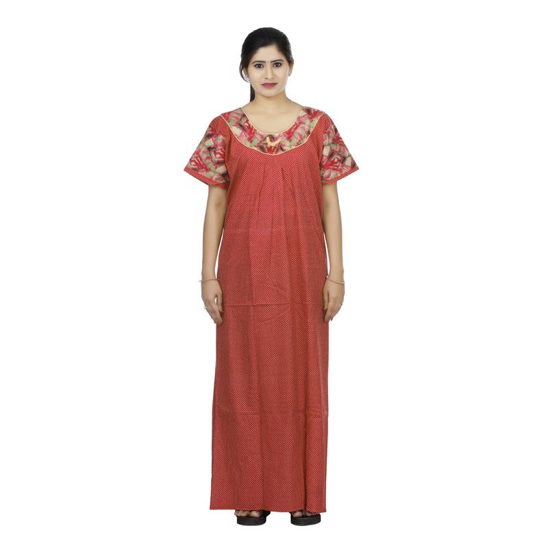 Red & beige colour polka dots design printed round neck cotton nighty ...