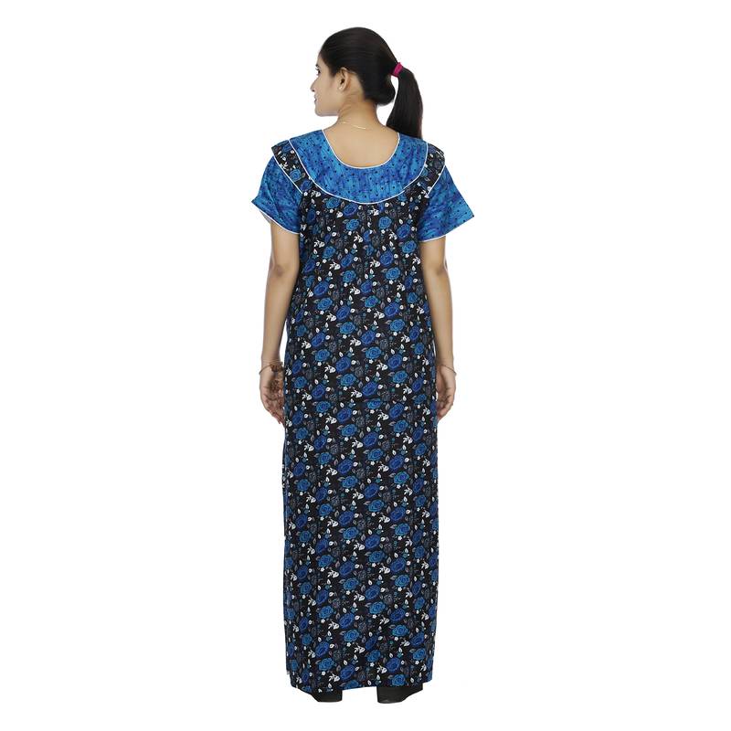 Blue & black colour floral design printed round neck cotton nighty for ...