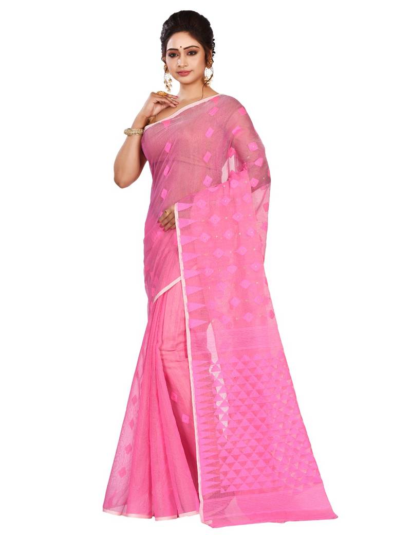 Pink plain cotton silk saree without blouse - Buymyethnic - 2848785