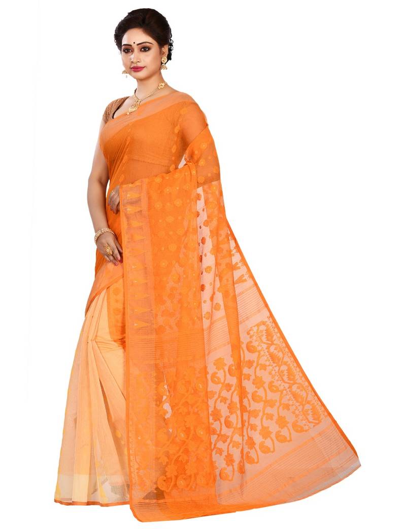 Orange plain cotton silk saree without blouse - Buymyethnic - 2848826