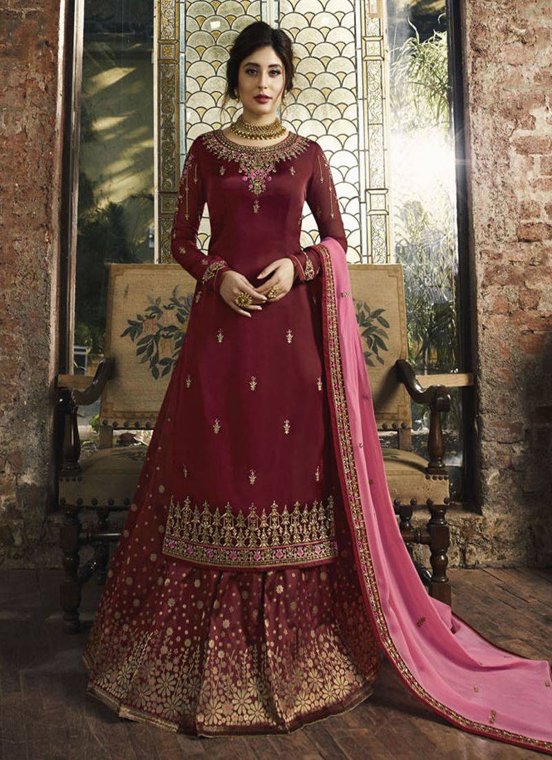 Maroon embroidered satin salwar with dupatta - Monjolika - 2849083