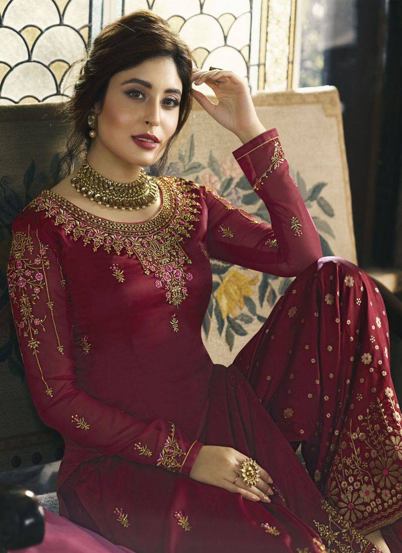 Maroon embroidered satin salwar with dupatta - Monjolika - 2849083