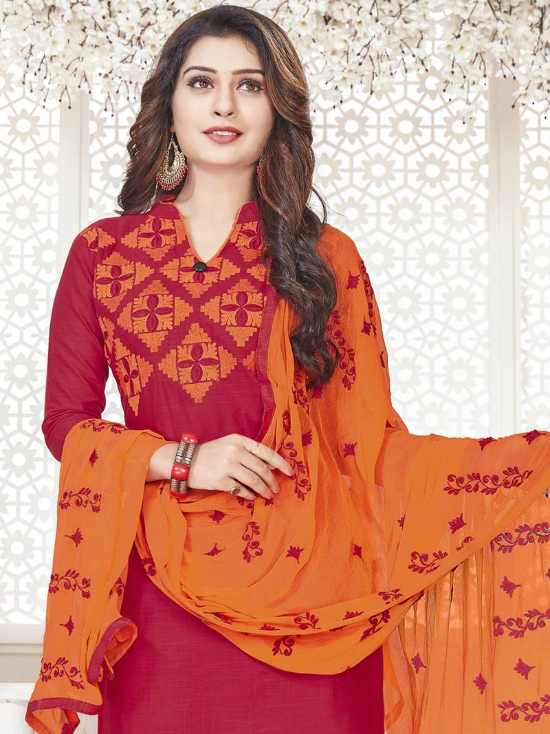 Red resham embroidery cotton salwar with dupatta - Shonaya - 2849709