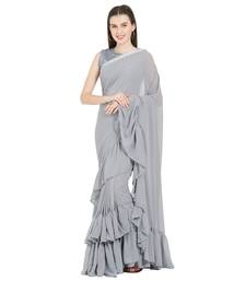 Grey Plain Faux Georgette Ruffle Saree With Blouse - V SALES - 2850847