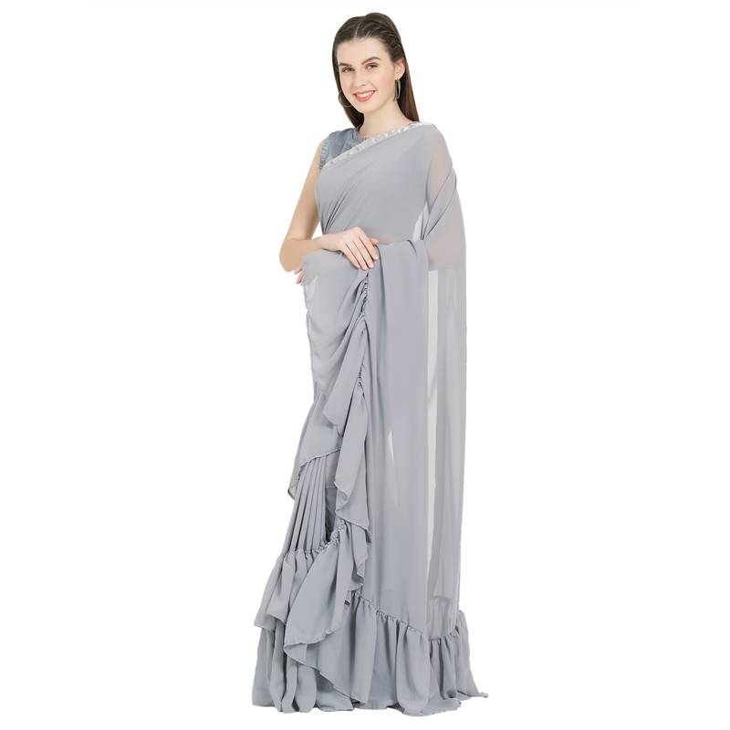 Grey Plain Faux Georgette Ruffle Saree With Blouse - V SALES - 2850847