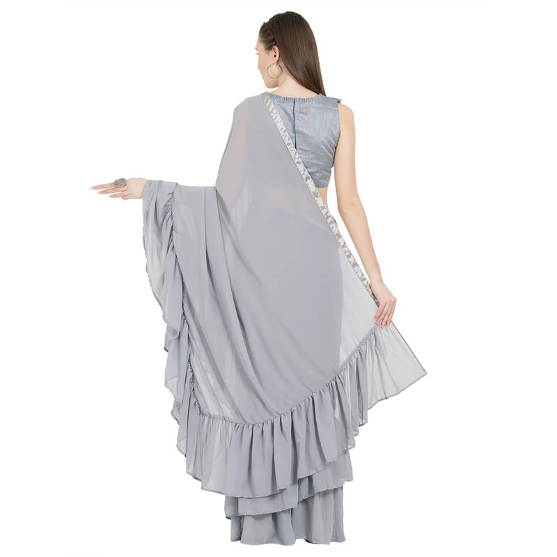 Grey Plain Faux Georgette Ruffle Saree With Blouse - V SALES - 2850847