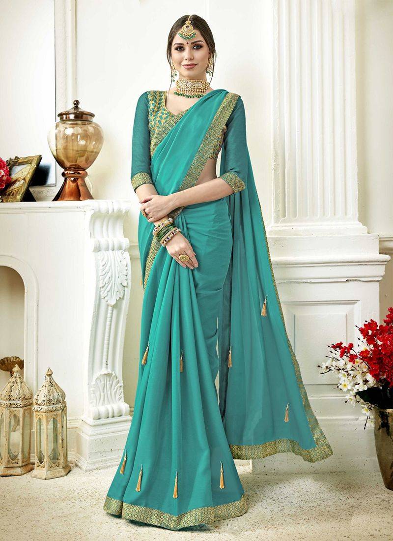 Sea green plain georgette saree with blouse - Monjolika - 2851336