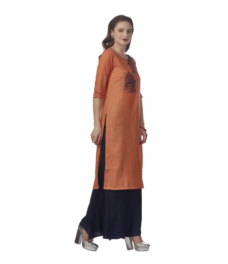 Orange embroidered cotton kurti - Anora - 2851231