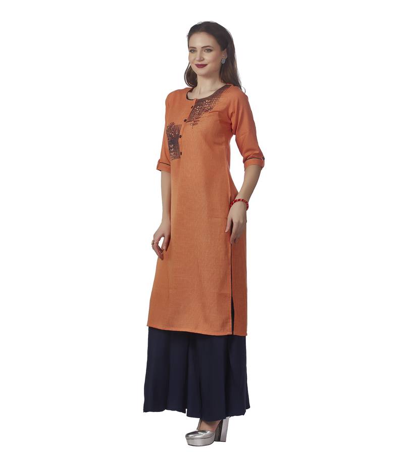 Orange embroidered cotton kurti - Anora - 2851231