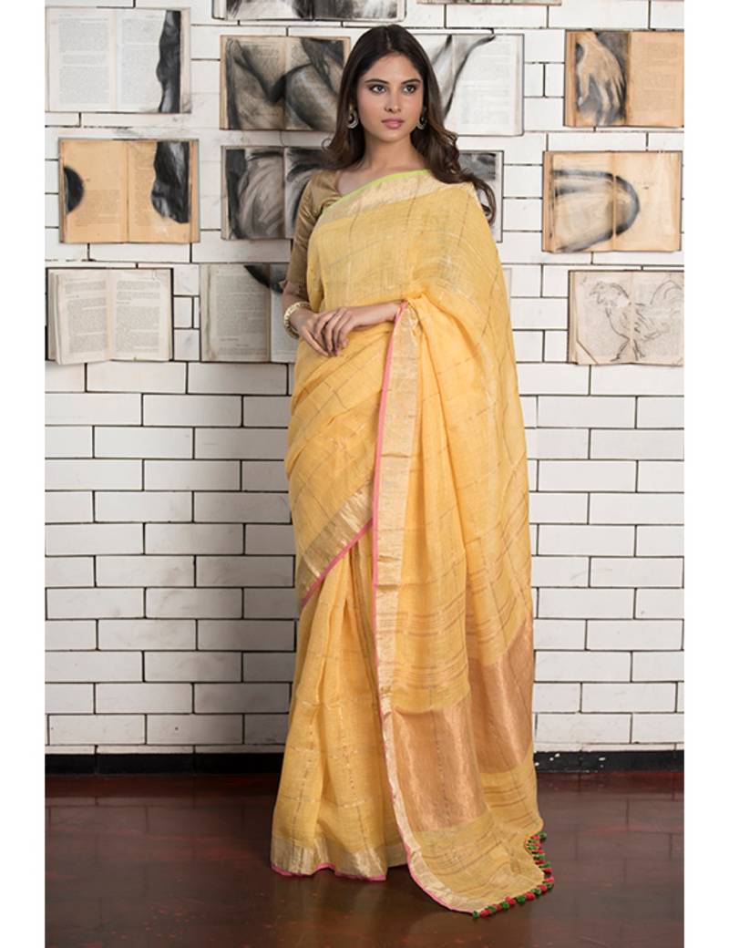 Yellow Handwoven Linen Saree - BEATITUDE - 2852994