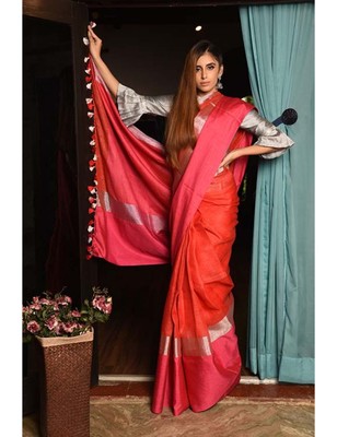 Double Shaded Handwoven Linen Saree with Zari Border - BEATITUDE - 2853004