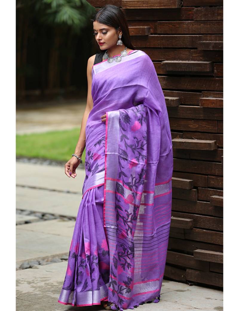 Lavender Shade Handwoven Linen Saree with Jacquard Weaving - BEATITUDE ...
