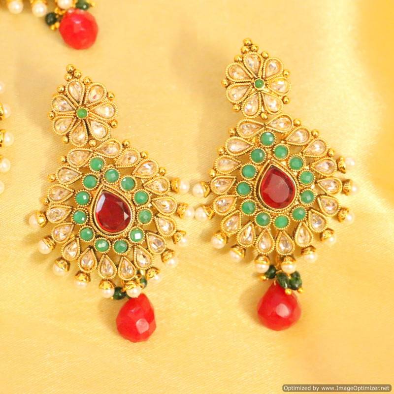 Ruby & Emerald Polki Wedding Necklace Set - Sanvi Jewels - 385336