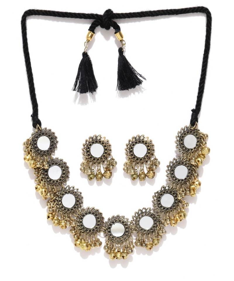 Infuzze Antique Gold Toned Black Mirror Work Jewellery Set Infuzze 2861226
