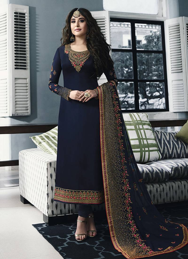 Royal-Blue Embroidered Georgette Salwar With Dupatta - Vasu Sarees ...