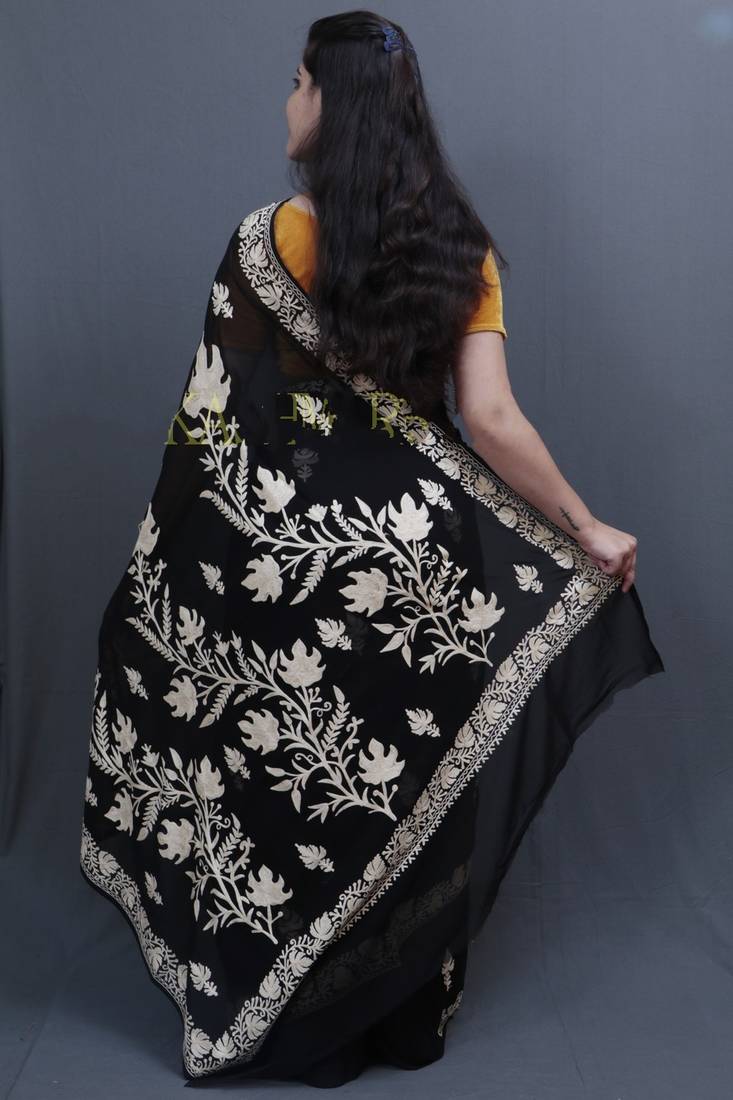 Black Colour Kashida Work Saree With Wonderful Designing On Border And ...