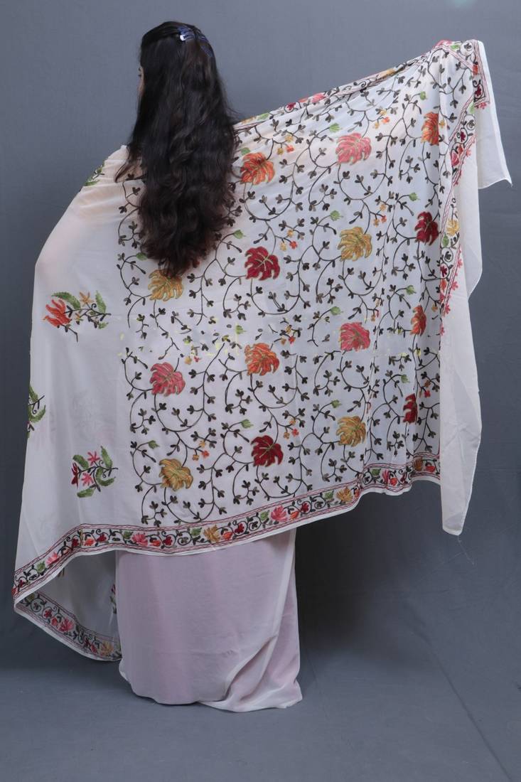 White Colour Kashida Work Saree With Wonderful Designing On Border And ...