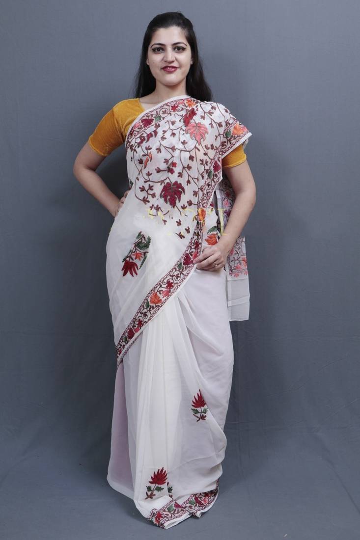 Pure White Colour Kashida Work Saree With Wonderful Designing On Border ...