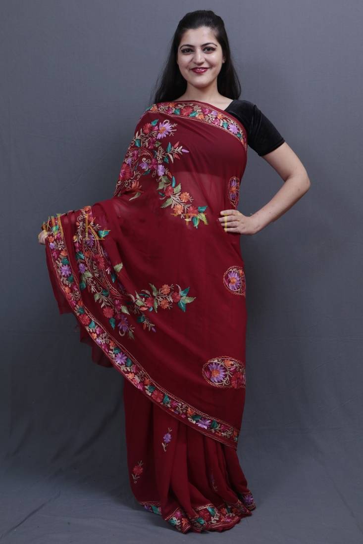 Maroon Colour Saree With Aari Work Border And Bold Paisleys Make The ...