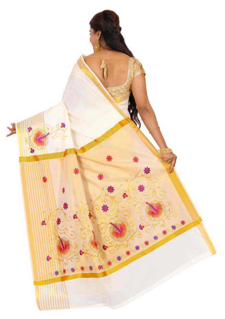 Off White Embroidered Cotton Poly Saree With Blouse - JIS BOUTIQUE ...