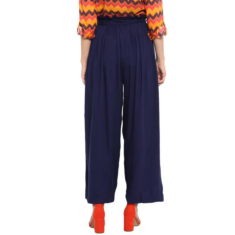 Solid Navy Blue Rayon Pleated Wide Leg Palazzos for Women - BKind - 2864919