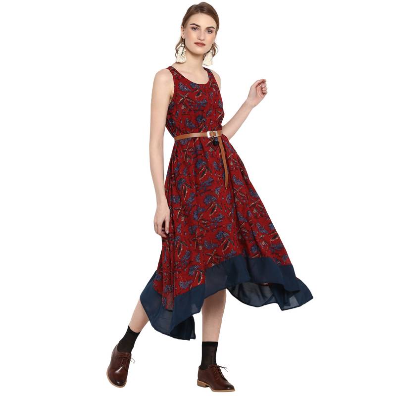 Maroon floral print Rayon dresses - BKind - 2864954