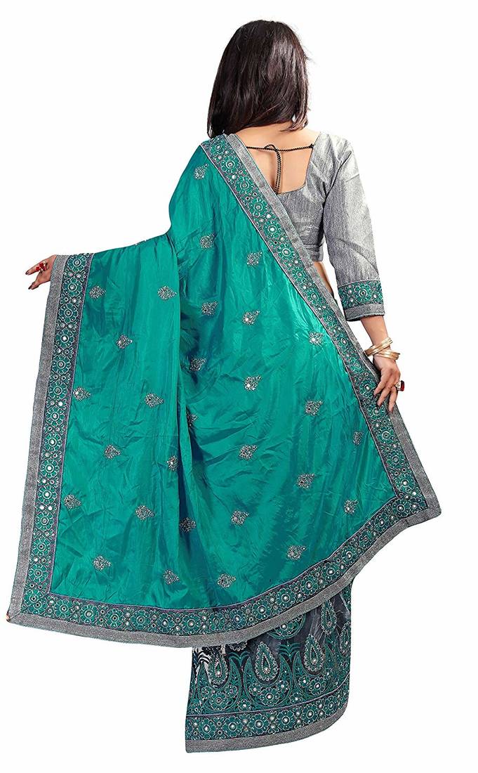 Dark turquoise& grey embroidered silk & net saree with blouse - Geet ...