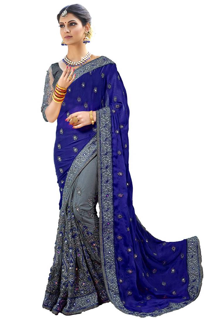 Dark blue & grey embroidered silk & net saree with blouse - Geet ...
