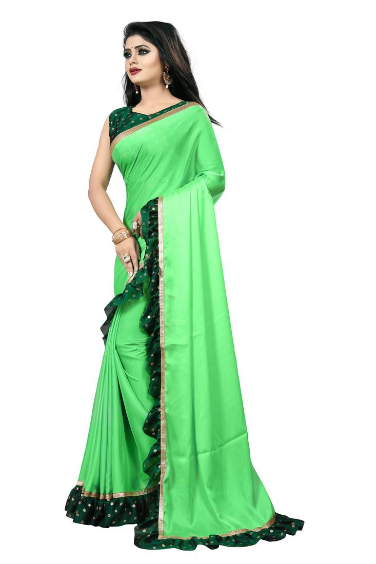Green plain georgette saree with blouse - Anjaneya Sarees - 2866577