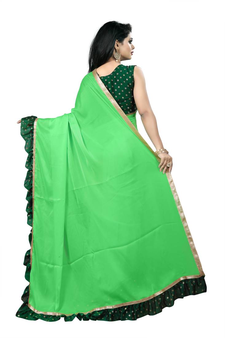 Green plain georgette saree with blouse - Anjaneya Sarees - 2866577