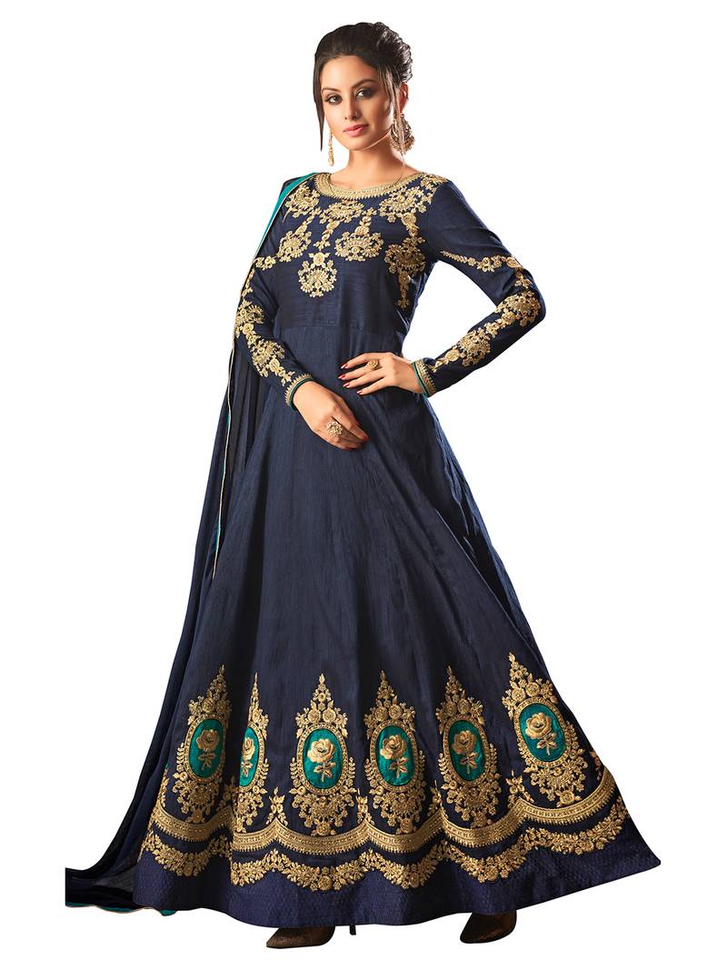 Dark-blue Heavy embroidered Malbari silk salwar - Vastrang - 2868350