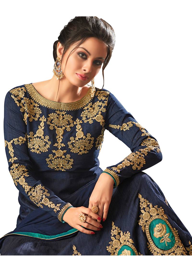Dark-blue Heavy embroidered Malbari silk salwar - Vastrang - 2868350