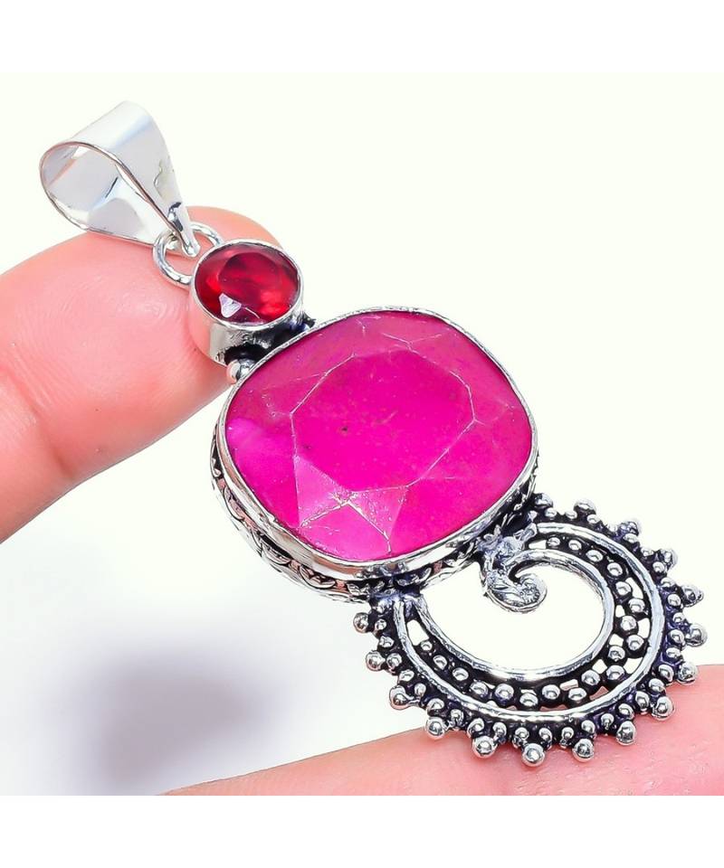 Ruby, Garnet Gemstone Silver Jewelry Pendant 2.44 inches - NAKSH - 2868933