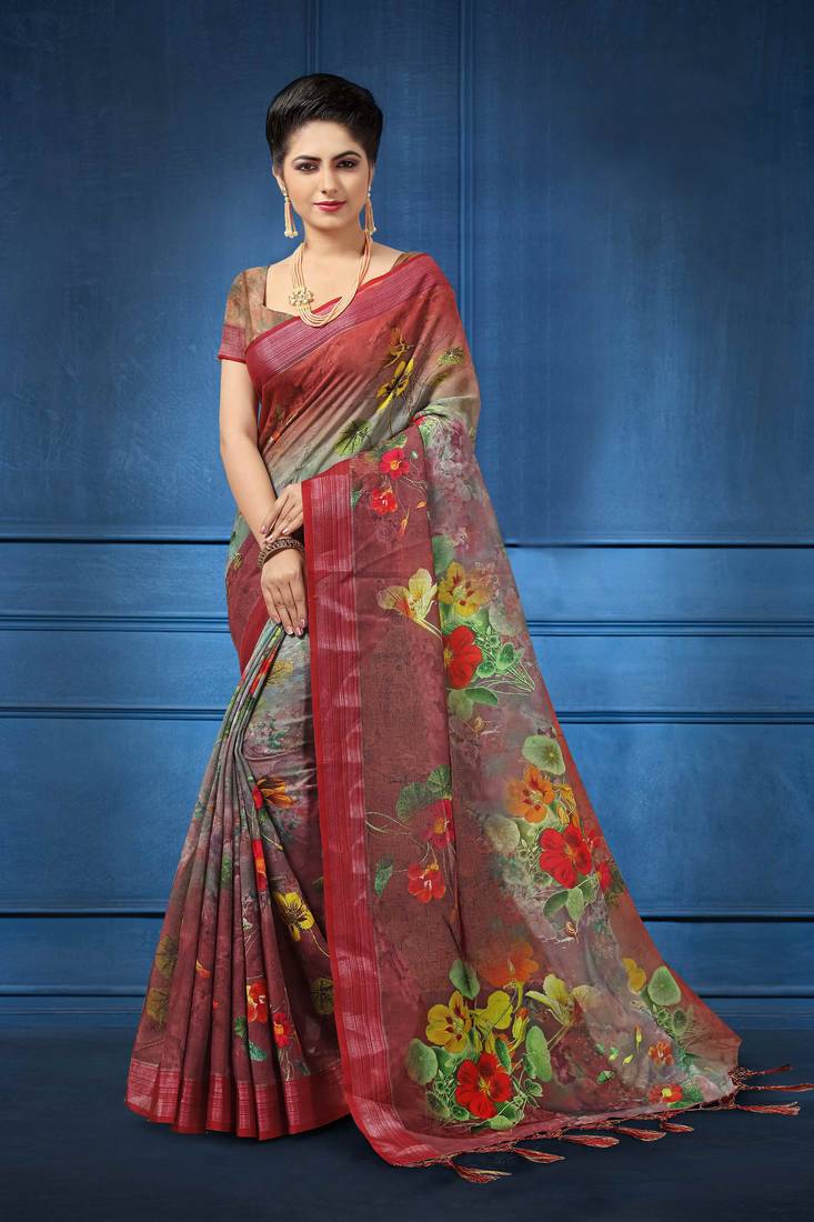 Multicolor printed linen saree with blouse - Samvegi Creation - 2871314