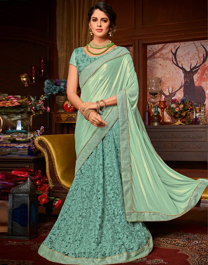 Cyan embroidered silk blend saree with blouse - DesiButik - 2876699