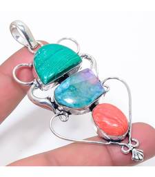 Multi Solar Quartz Druzy Silver Jewelry Pendant 3.2" - Neha - 2879243