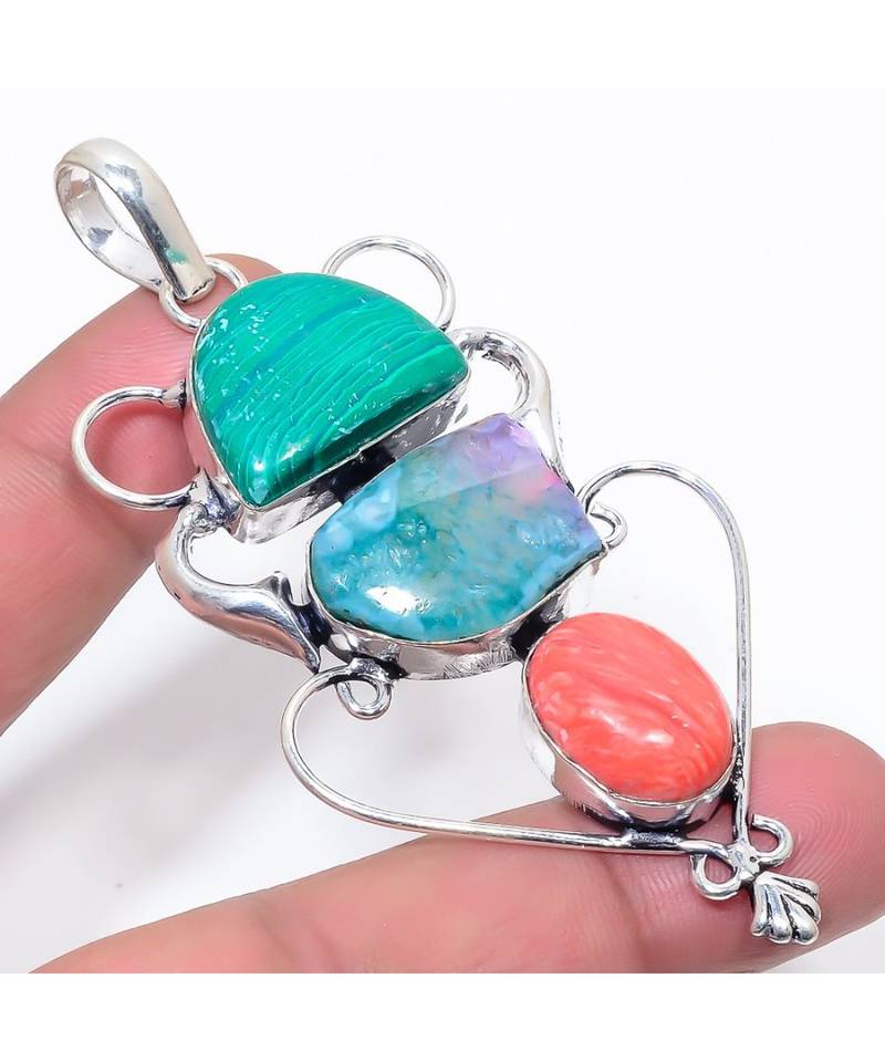 Multi Solar Quartz Druzy Silver Jewelry Pendant 3.2" - Neha - 2879243