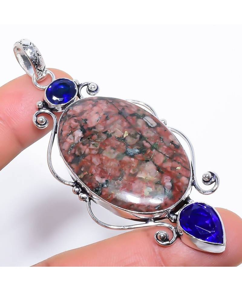 Rhodonite, Sapphire Gemstone Silver Jewelry Pendant 3.1" - Neha - 2879938