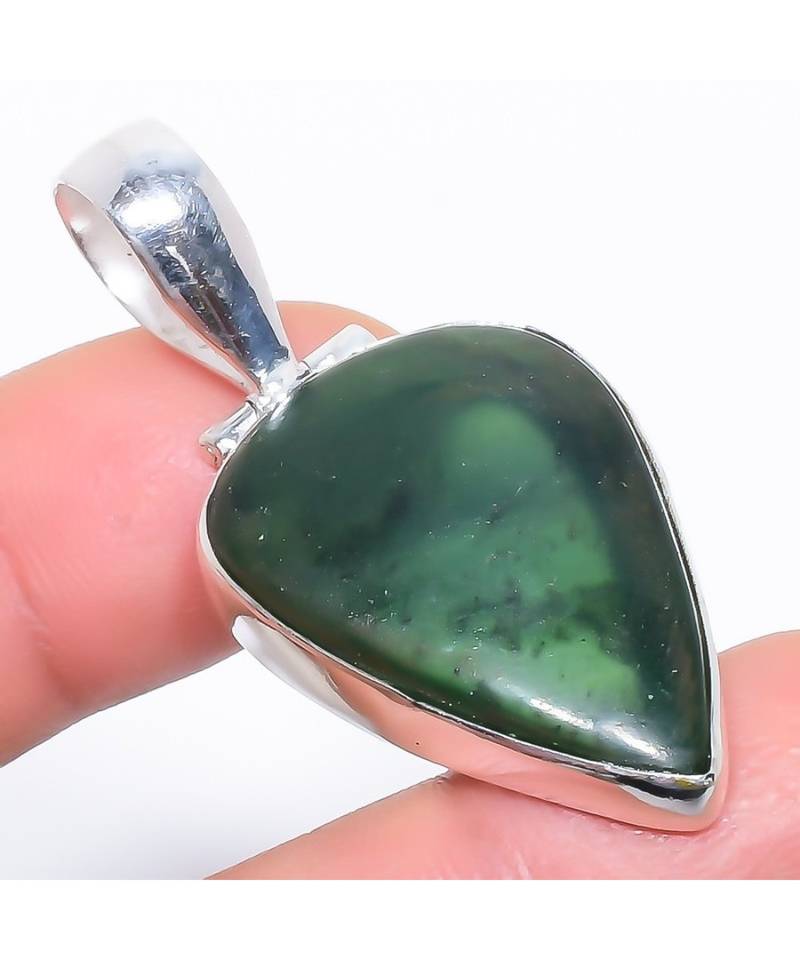 Nephrite Jade Gemstone Silver Jewelry Pendant 1.9" - Neha - 2880487