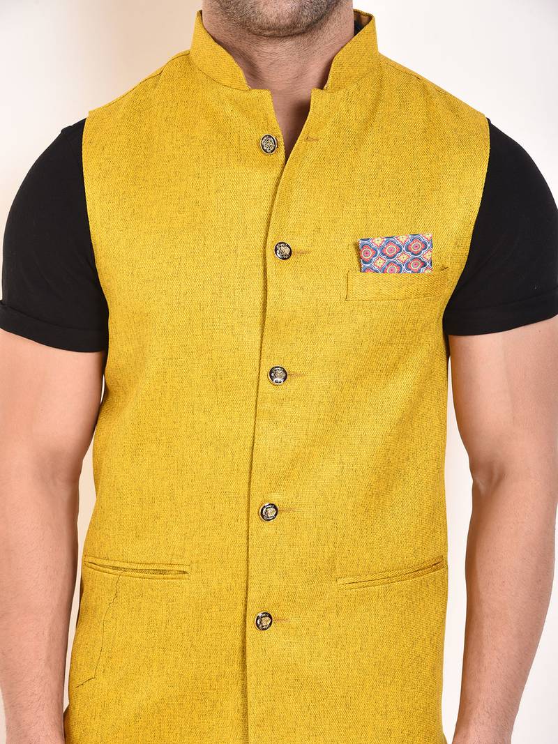 Yellow Plain Jute Nehru Jacket - Qalamkari - 2883362