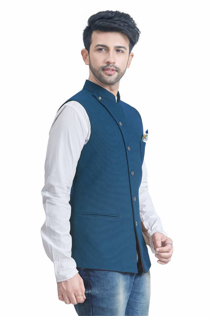 Blue plain velvet nehru jacket - N Dot - 2883364