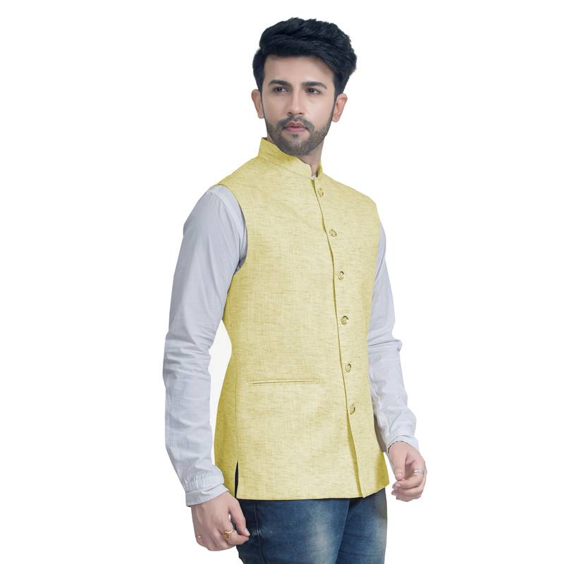 Yellow plain linen nehru jacket - N Dot - 2883373