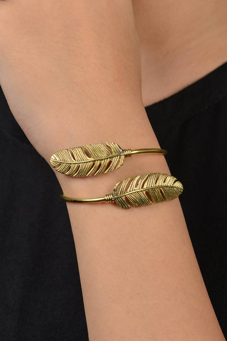 Gold Leaf Tribal Brass Bracelet - Glitterati by Alankriti - 2884103